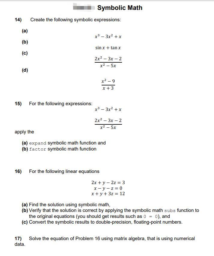 Solved 14) Create the following symbolic expressions: (a) | Chegg.com