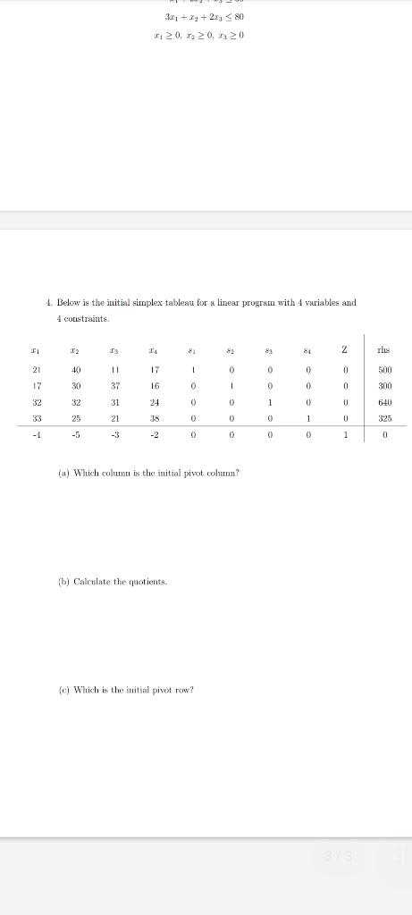 Solved 4 Below Is The Initial Simplex Tableau For A Linear 