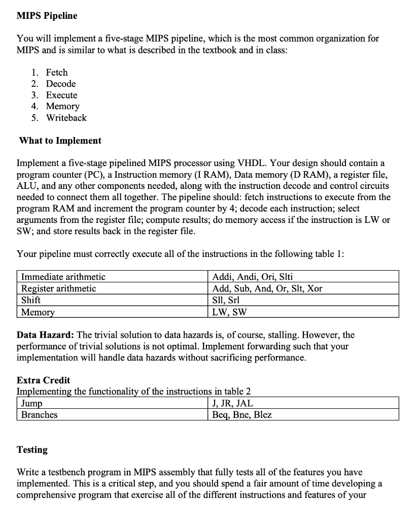 MIPS Pipeline You will implement a five-stage MIPS | Chegg.com
