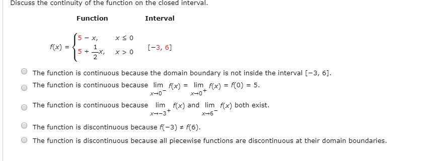 Solved Discuss the continuity of the function on the closed | Chegg.com