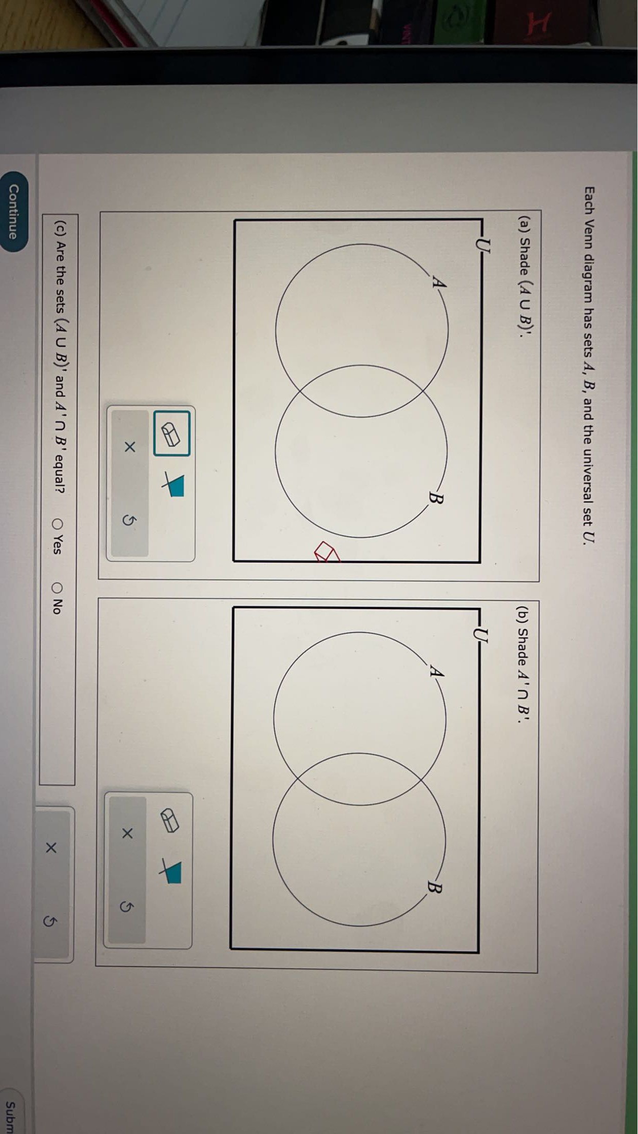 Solved Each Venn diagram has sets A,B, and the universal set | Chegg.com