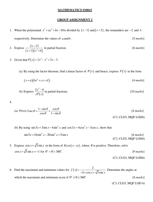 Solved MATHEMATICS SM015 GROUP ASSIGNMENT 2 1. When the | Chegg.com