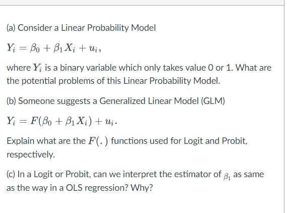 Solved (a) Consider a Linear Probability Model Y; = Bo + | Chegg.com