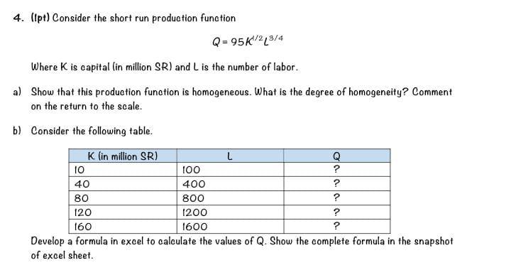 Solved 4. (Ipt) Consider the short run production function | Chegg.com