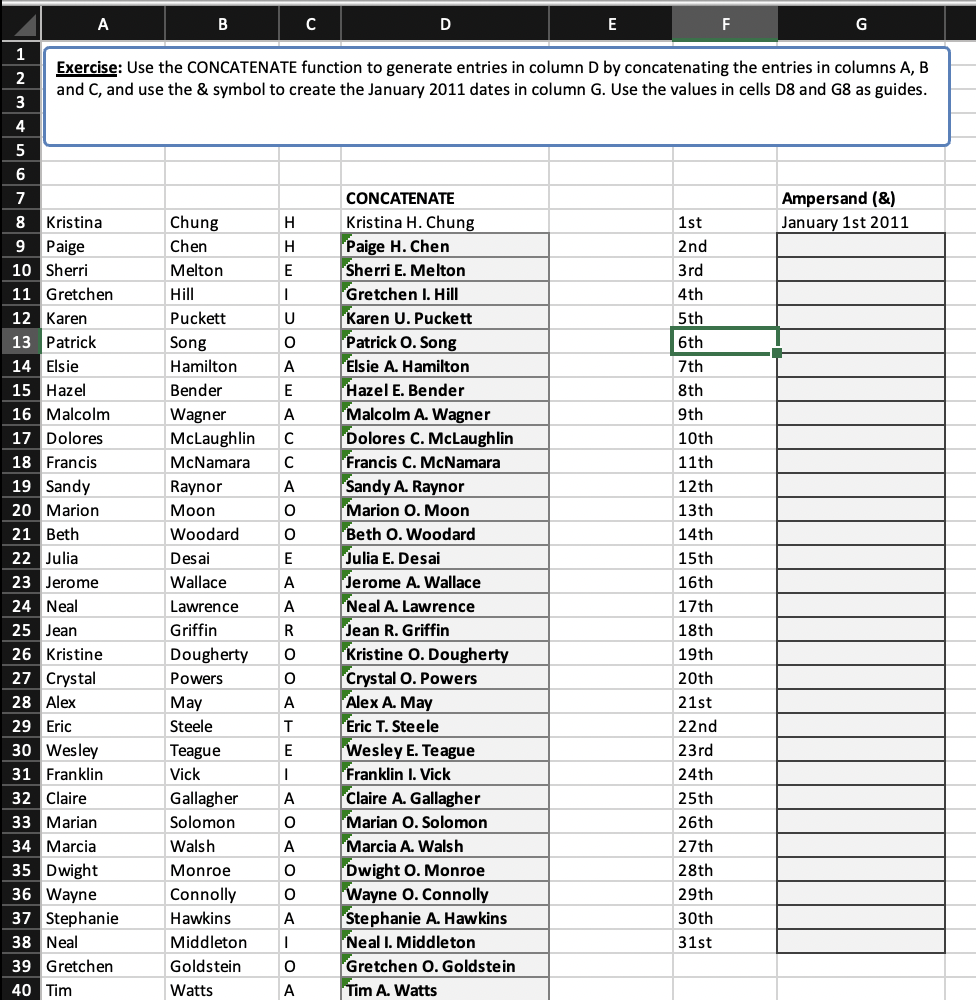 Solved Exercise: Use the CONCATENATE function to generate | Chegg.com