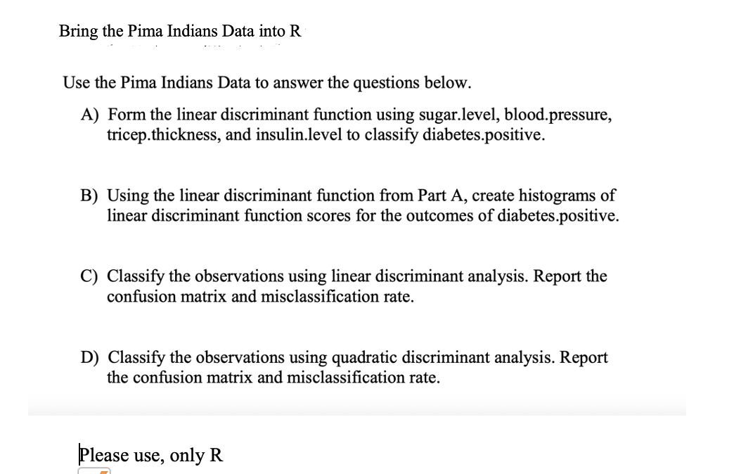 Solved Use the Pima Indians Data to answer the questions | Chegg.com