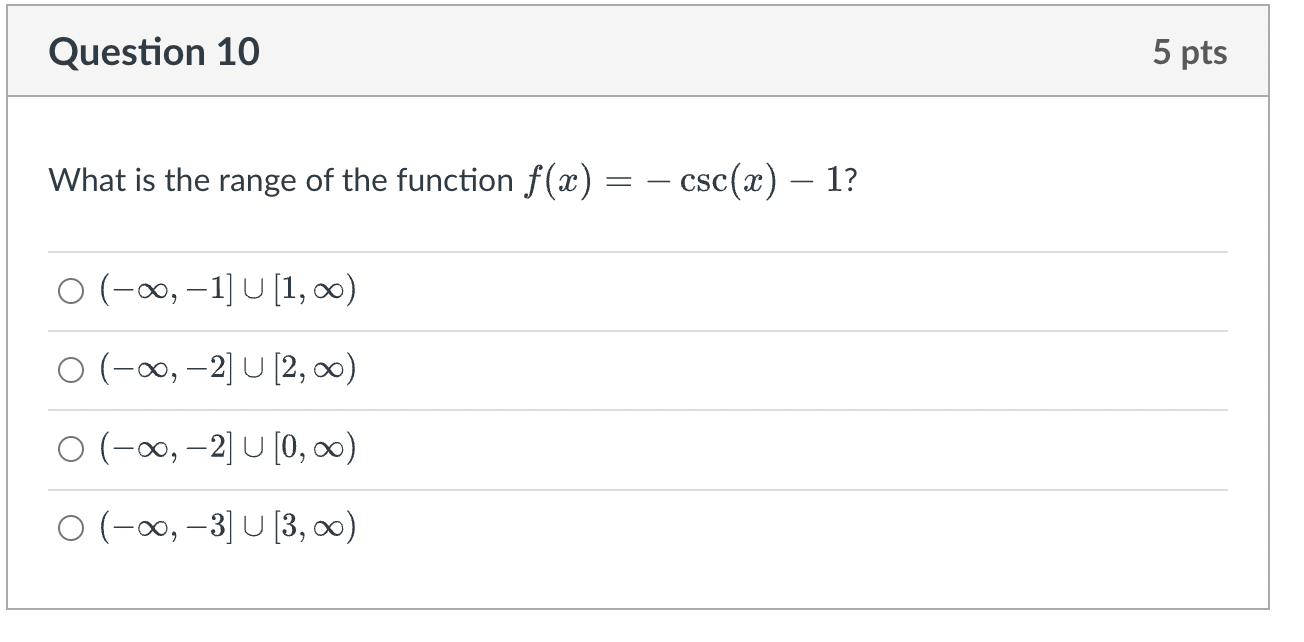 Solved What is the range of the function f(x)=−csc(x)−1 ? | Chegg.com