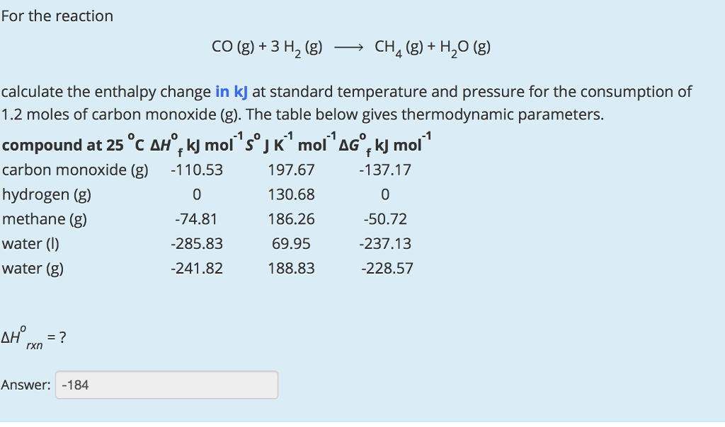 Solved For the reaction Co (g) + 3 H2 (g)CH4(g) + H2O (g) | Chegg.com