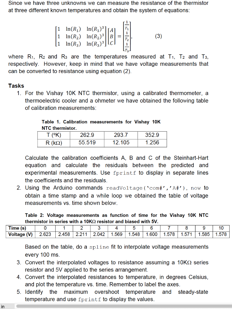 Matlab problem! "For the Vishay 10k NTC thermistor, | Chegg.com