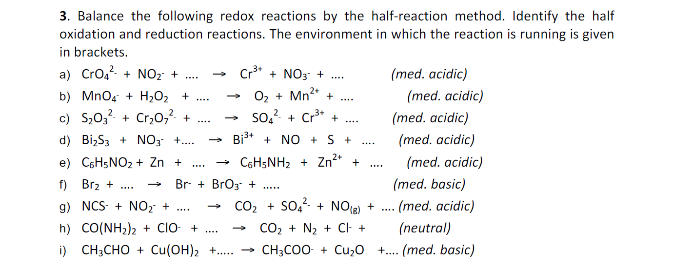 Solved 3. Balance the following redox reactions by the | Chegg.com