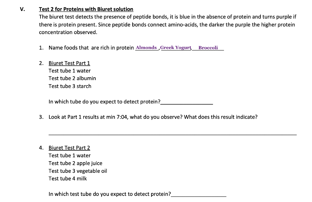 Solved V. Test 2 for Proteins with Biuret solution The | Chegg.com