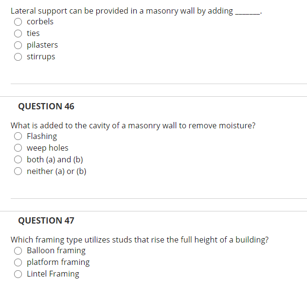 Solved Lateral support can be provided in a masonry wall by | Chegg.com