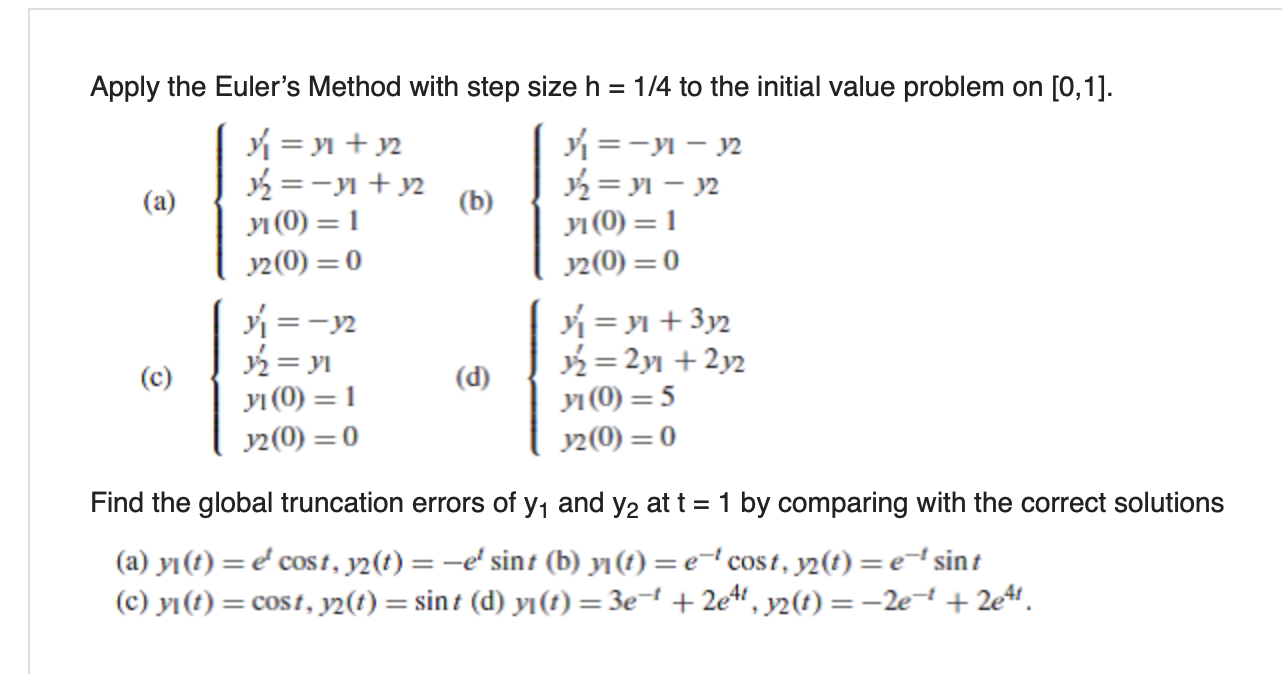Solved Apply the Euler's Method with step size h = 1/4 to | Chegg.com