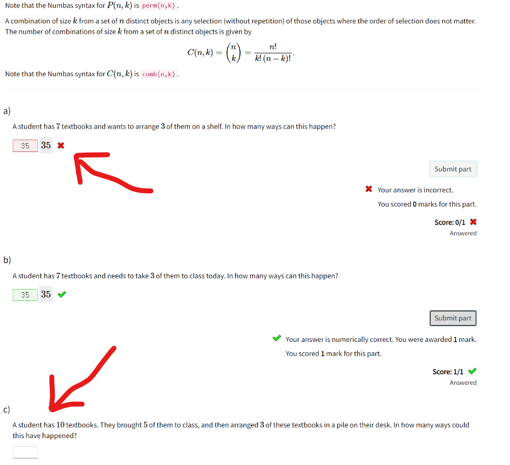Solved Note that the Numbas syntax for P(n,k) is perm(n,k). | Chegg.com