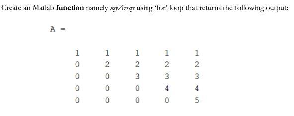 Solved Create an Matlab function namely myArray using 'for’ | Chegg.com