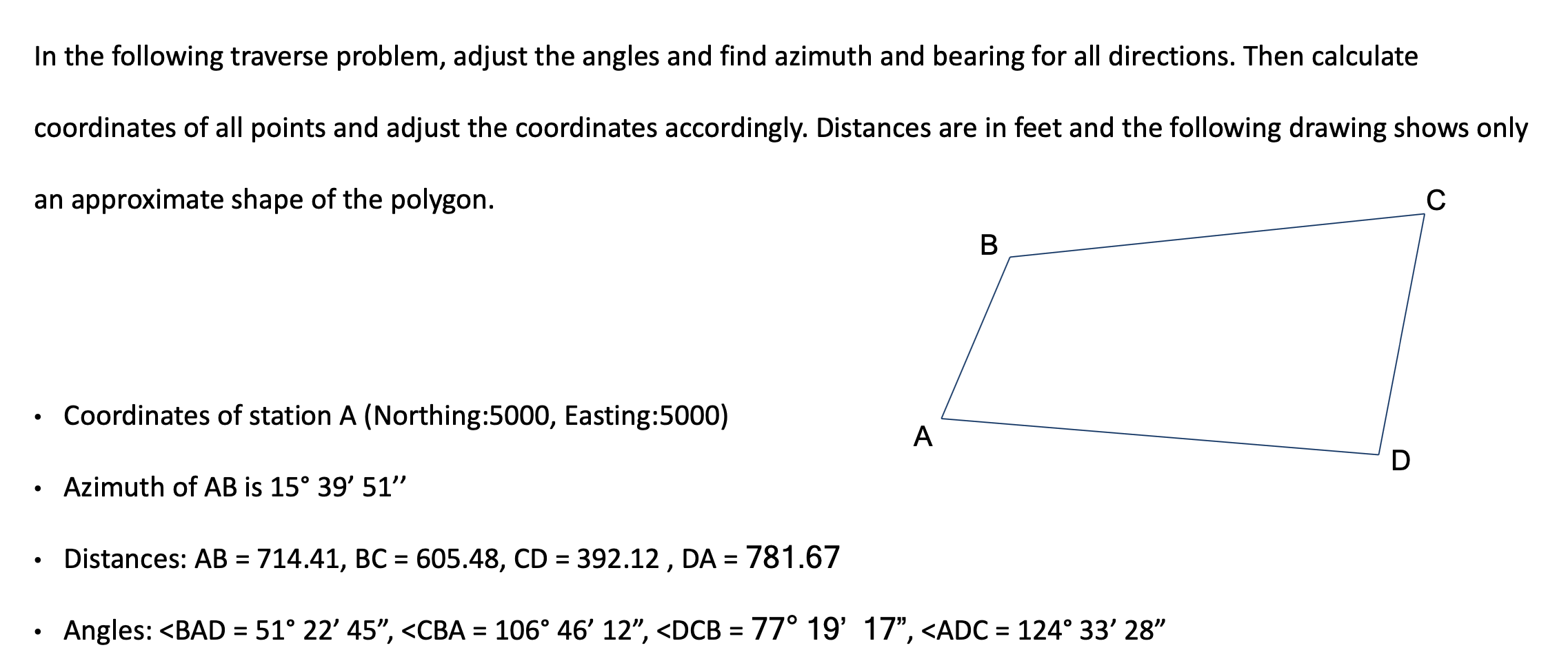 Solved In the following traverse problem, adjust the angles | Chegg.com