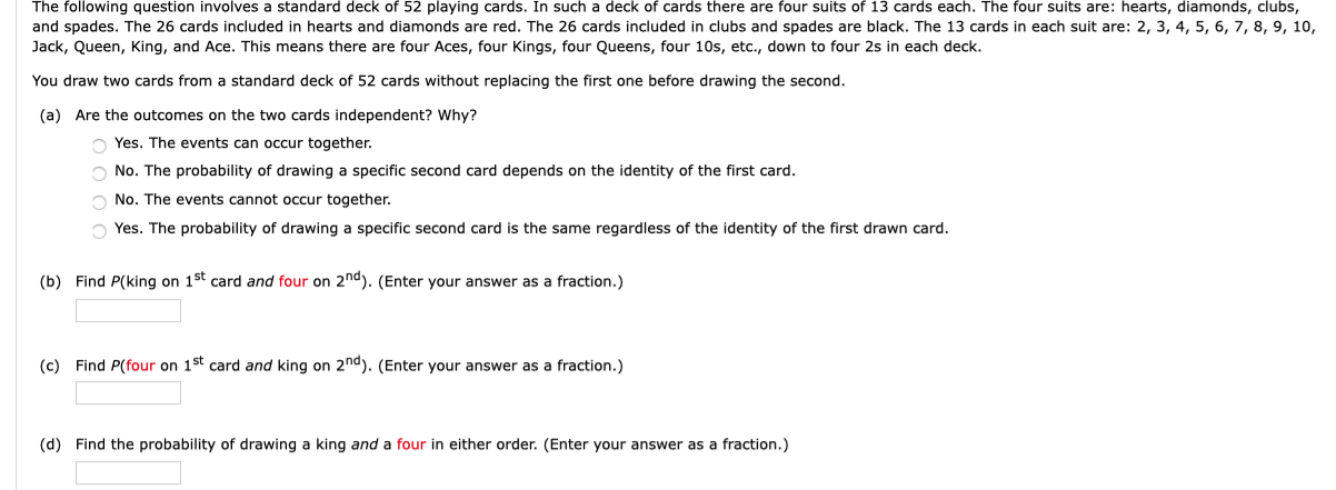 Solved The following question involves a standard deck of 52 | Chegg.com