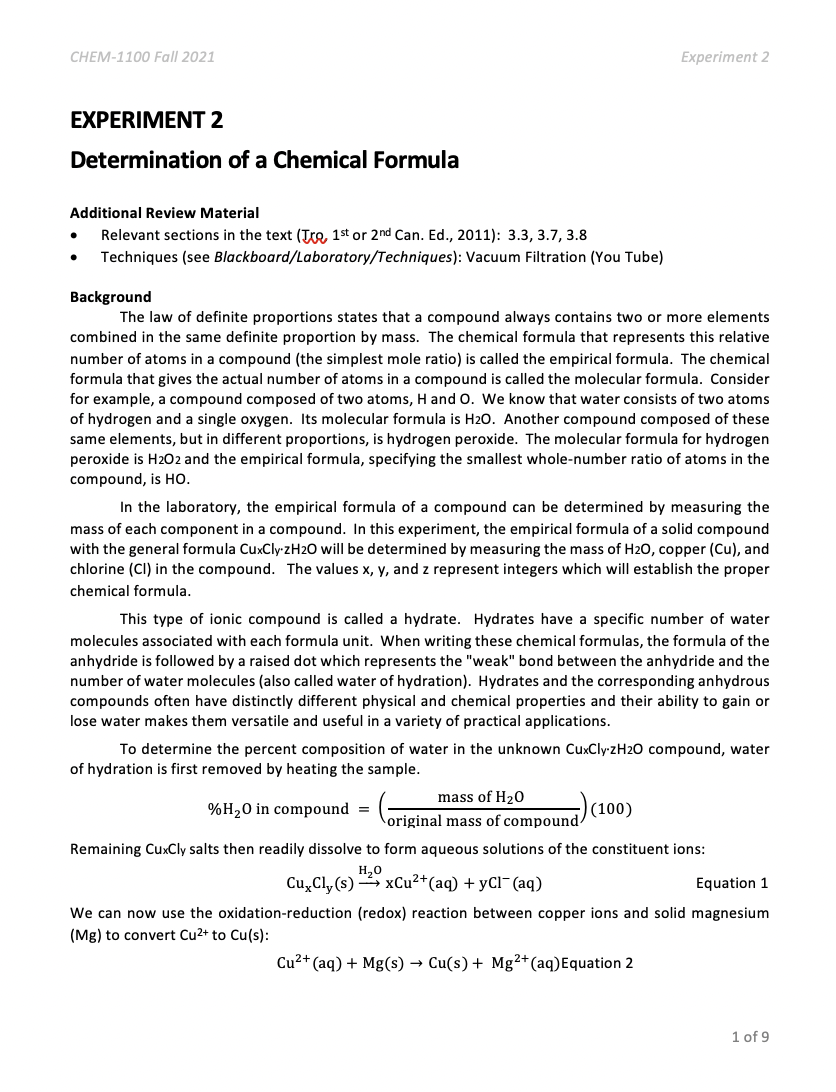 Solved CHEM-1100 Fall 2021 Experiment 2 EXPERIMENT 2 | Chegg.com