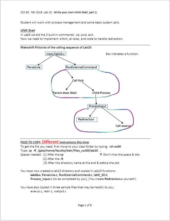CSC 60. Fall 2019. Lab 10. Write your own UNIX Shell, | Chegg.com