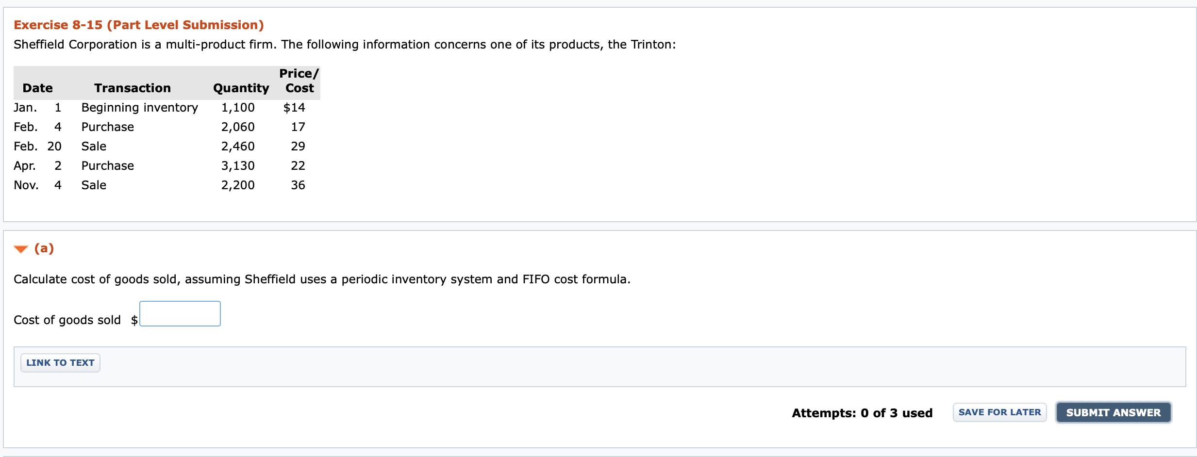 Solved Exercise 8-15 (Part Level Submission) Sheffield | Chegg.com