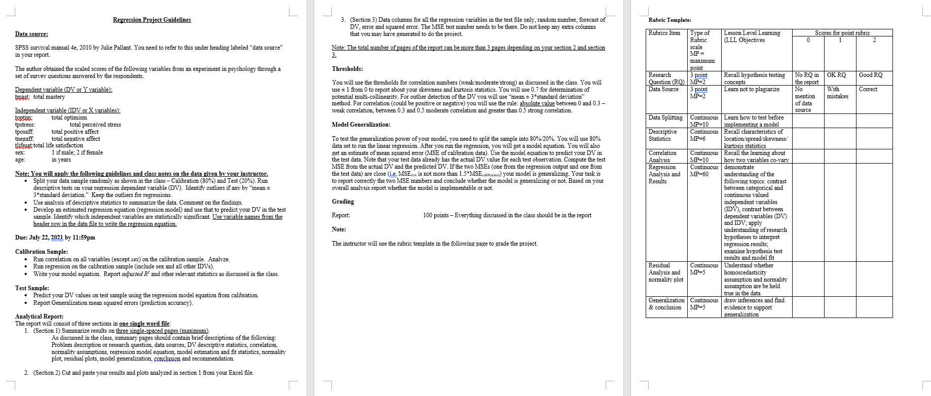 Regression Project Guidelines 3. (Section 3) Data | Chegg.com