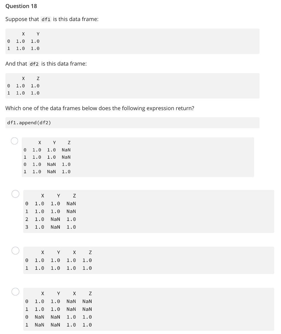Question 18 Suppose That Dfi Is This Data Frame Y 0 10 10 10 1 10 And That Df2 Is This