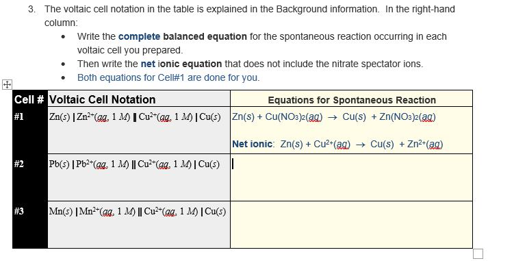 Solved 3. The voltaic cell notation in the table is | Chegg.com