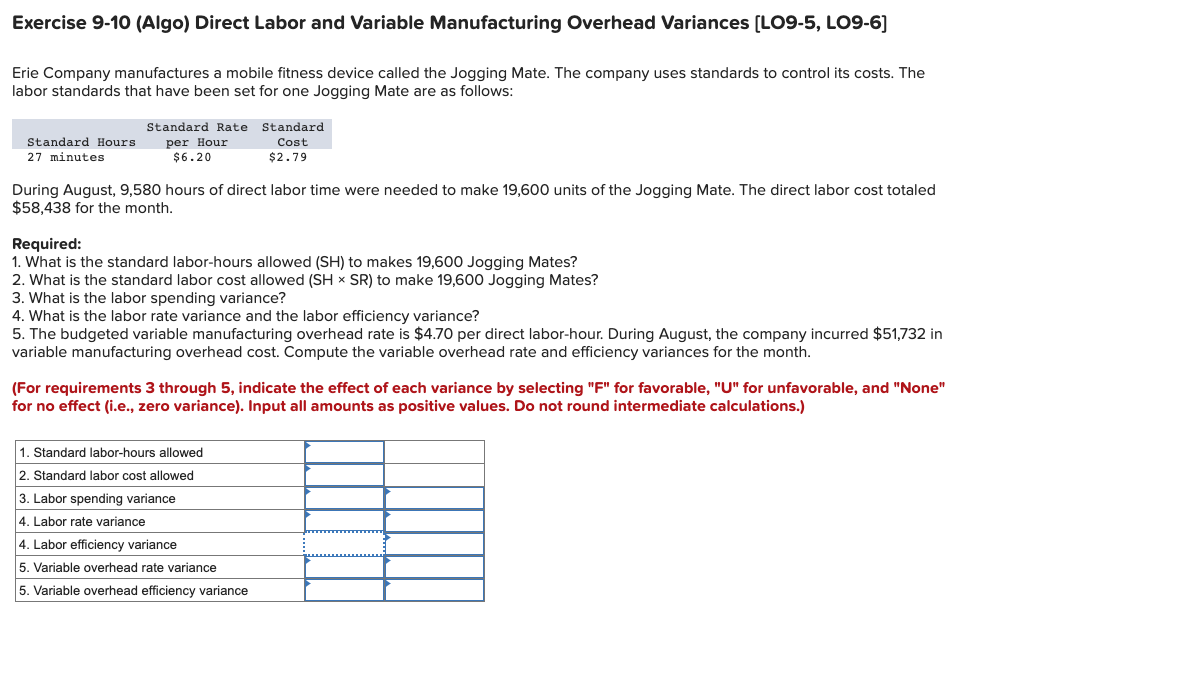 Solved Exercise 9-10 (Algo) Direct Labor and Variable | Chegg.com