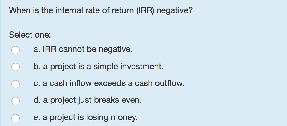 Solved When is the internal rate of return (IRR) negative? | Chegg.com