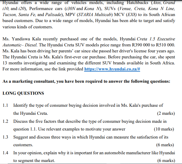 Solved Hyundai offers a wide range of vehicles models, | Chegg.com