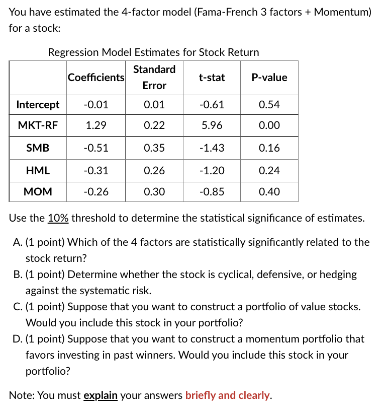 Solved You have estimated the 4-factor model (Fama-French 3 | Chegg.com