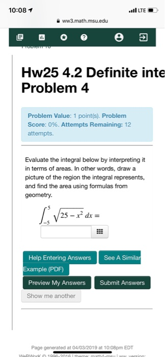 Solved 10:081 '11 LTE ww3.math.msu.edu Hw25 4.2 Definite | Chegg.com