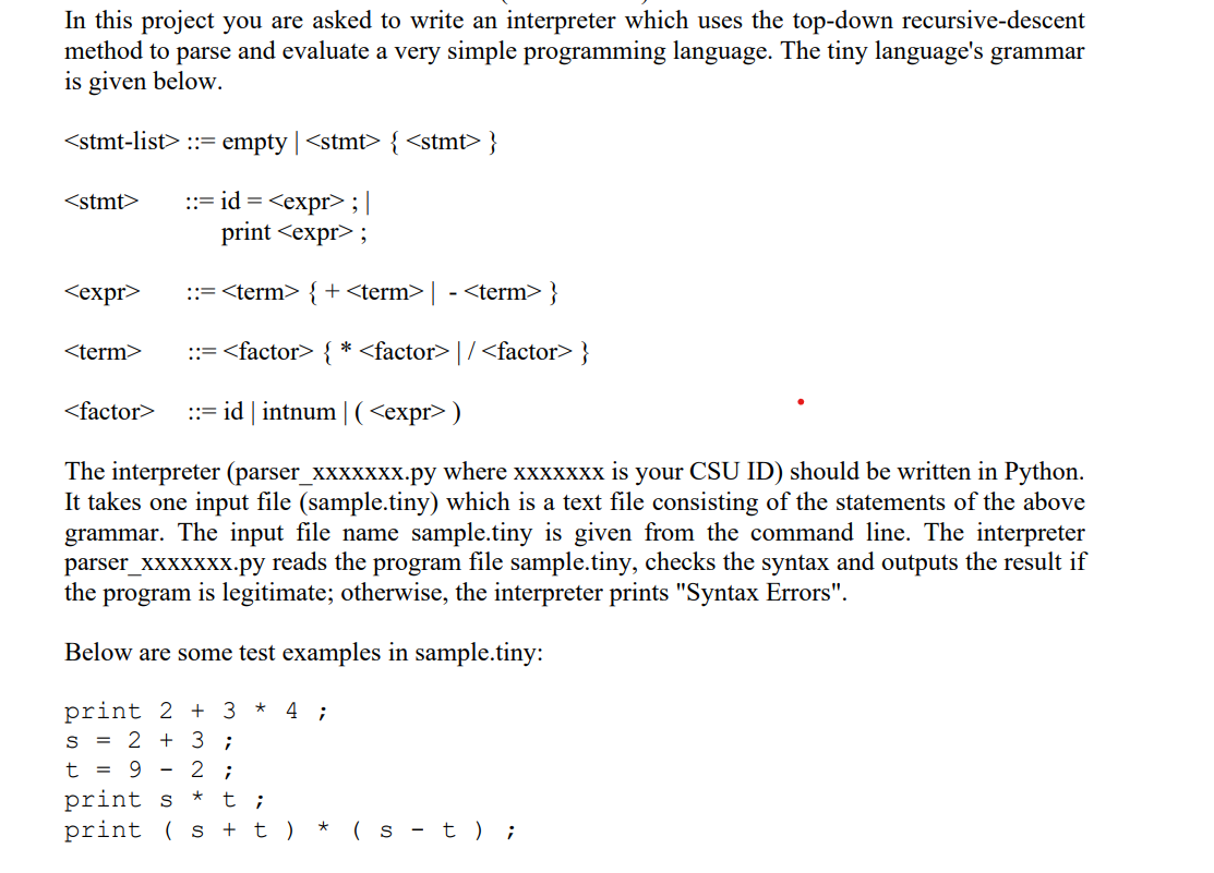 In this project you are asked to write an interpreter | Chegg.com
