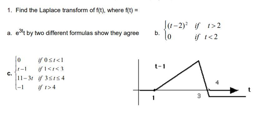 Solved 1. Find the Laplace transform of f(t), where f(t) = | Chegg.com