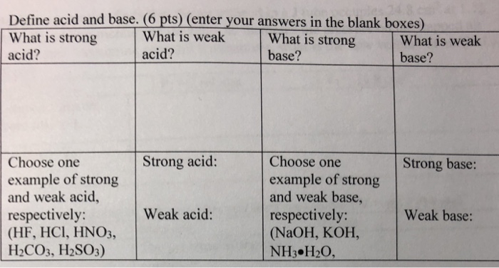 Solved Define acid and base.(6 pts) (enter your answers in | Chegg.com