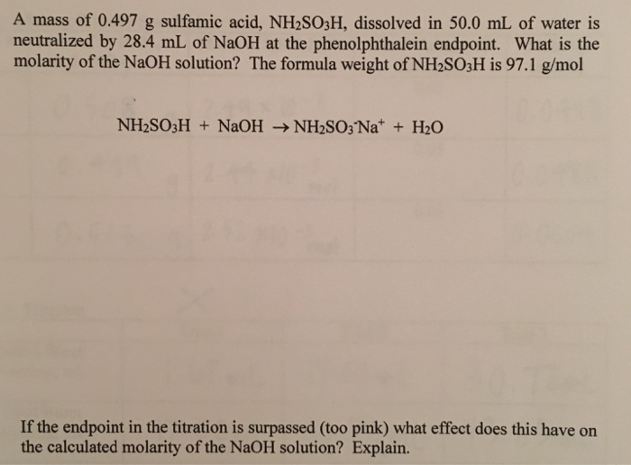 Solved A mass of 0.497 g sulfamic acid, NH2SO3H, dissolved | Chegg.com
