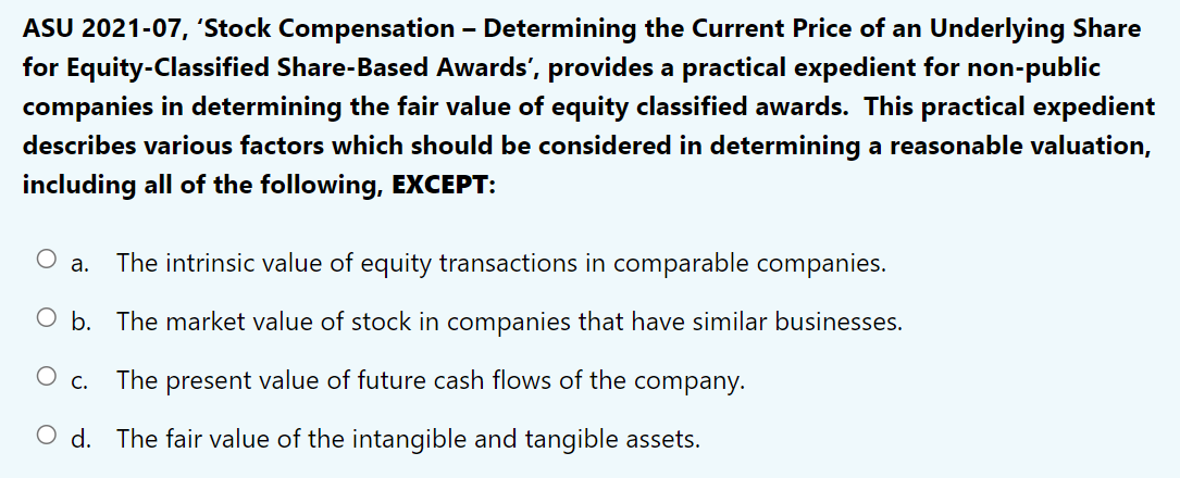 Solved ASU 2021-07, 'Stock Compensation - Determining the | Chegg.com