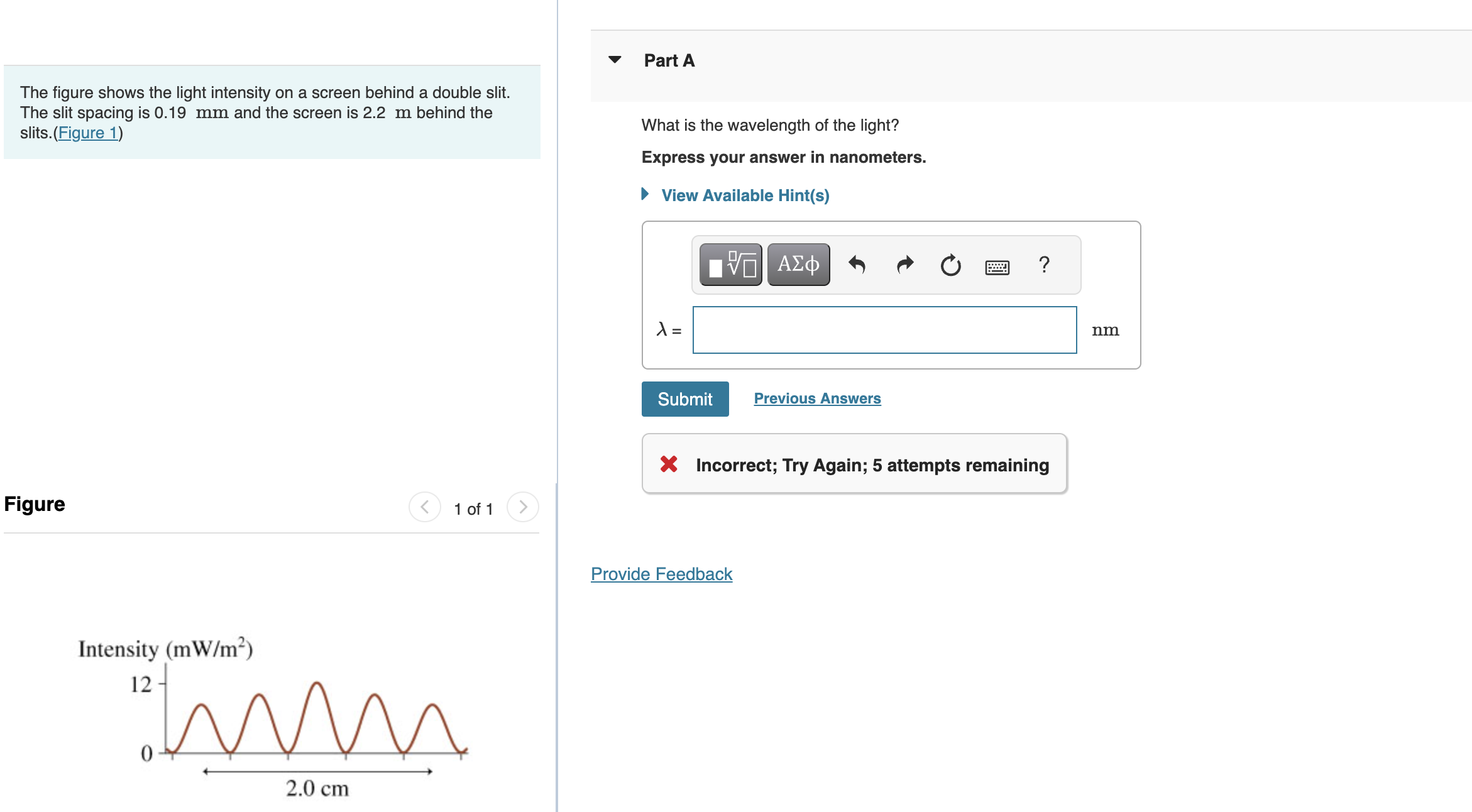 Solved The figure shows the light intensity on a screen | Chegg.com