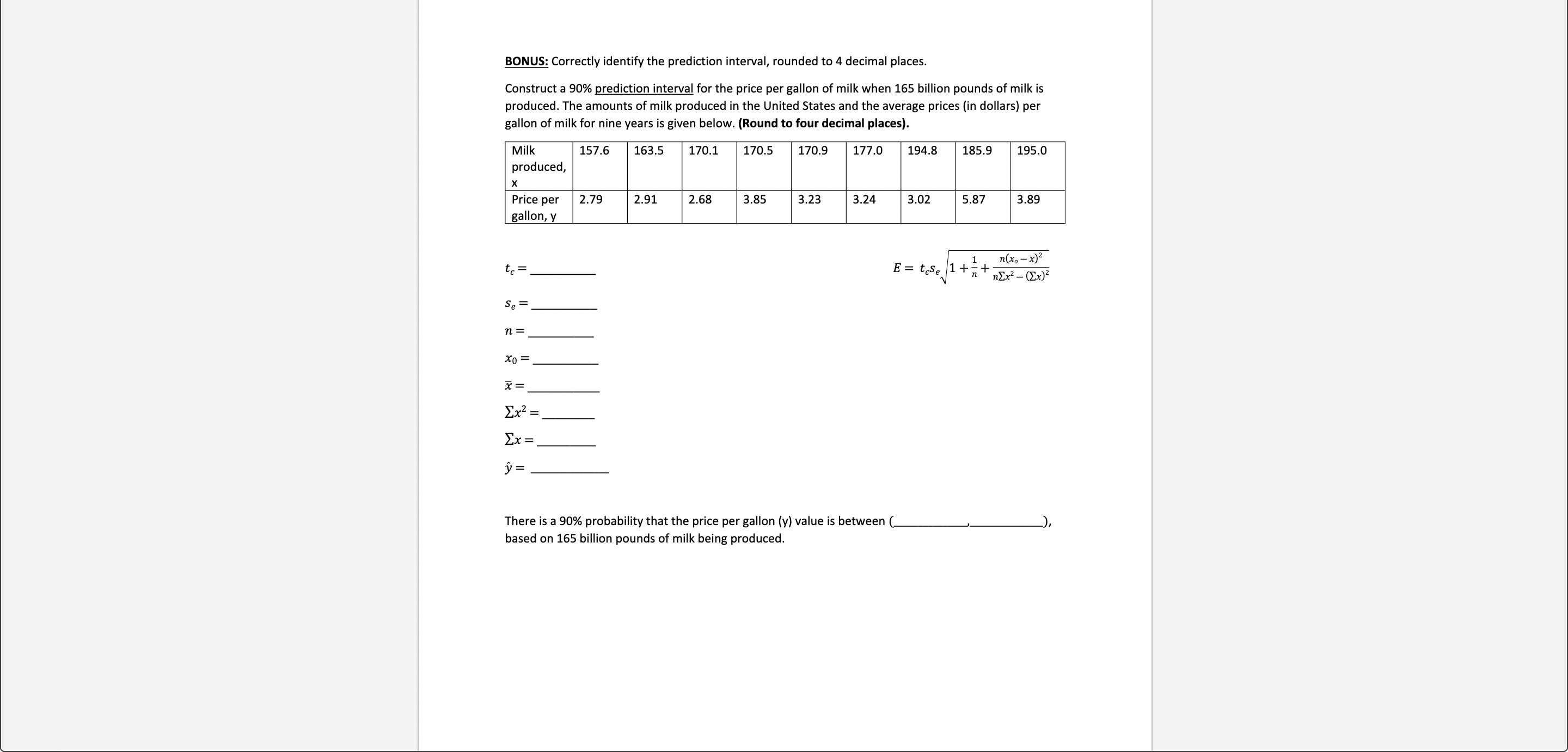 Solved BONUS: Correctly identify the prediction interval, | Chegg.com