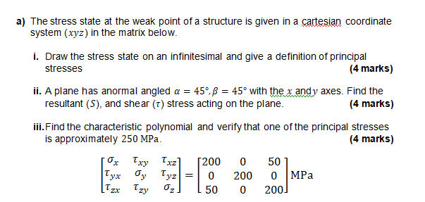 Solved a) The stress state at the weak point of a structure | Chegg.com