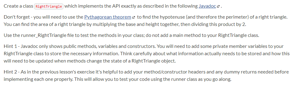 Solved Create a class RightTriangle which implements the API | Chegg.com