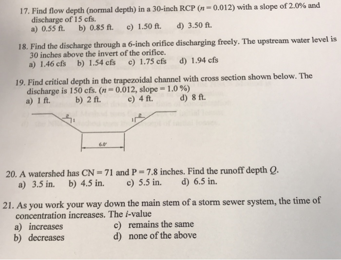 Solved 17. Find flow depth (normal depth) in a 30-inch RCP | Chegg.com