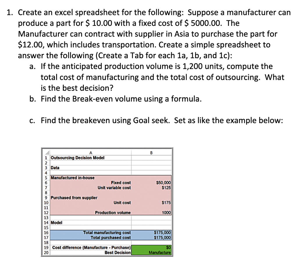 Solved 1. Create an excel spreadsheet for the following: | Chegg.com