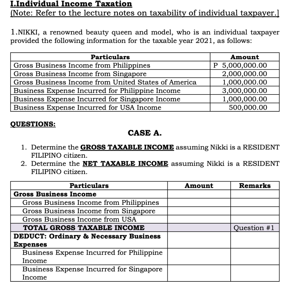 I.Individual Income Taxation (Note: Refer to the | Chegg.com