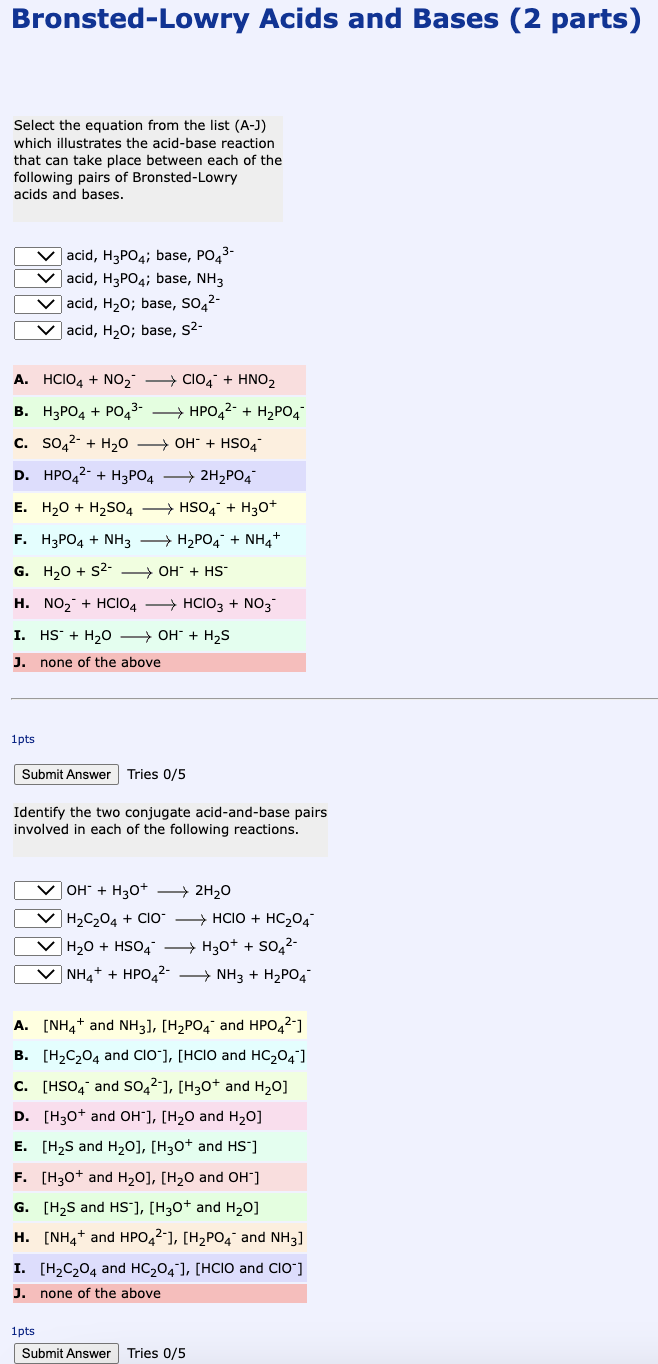 Solved Bronsted-Lowry Acids and Bases ( 2 parts) Select the | Chegg.com