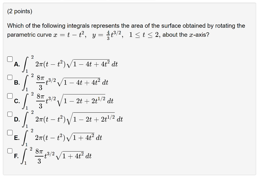 Solved Which of the following integrals represents the area | Chegg.com