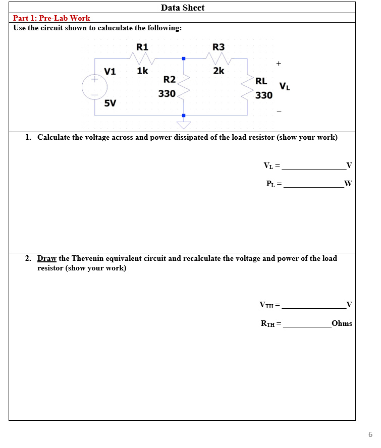 Solved Data Sheet Part 1: Pre-Lab Work Use the circuit shown | Chegg.com