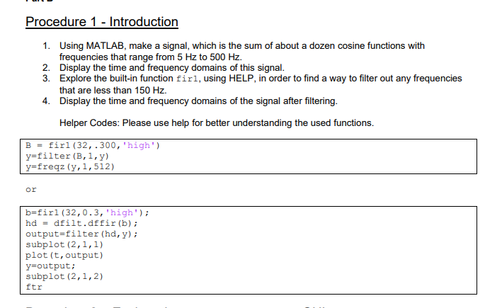 Solved Procedure 1 - Introduction 1. Using MATLAB, make a | Chegg.com