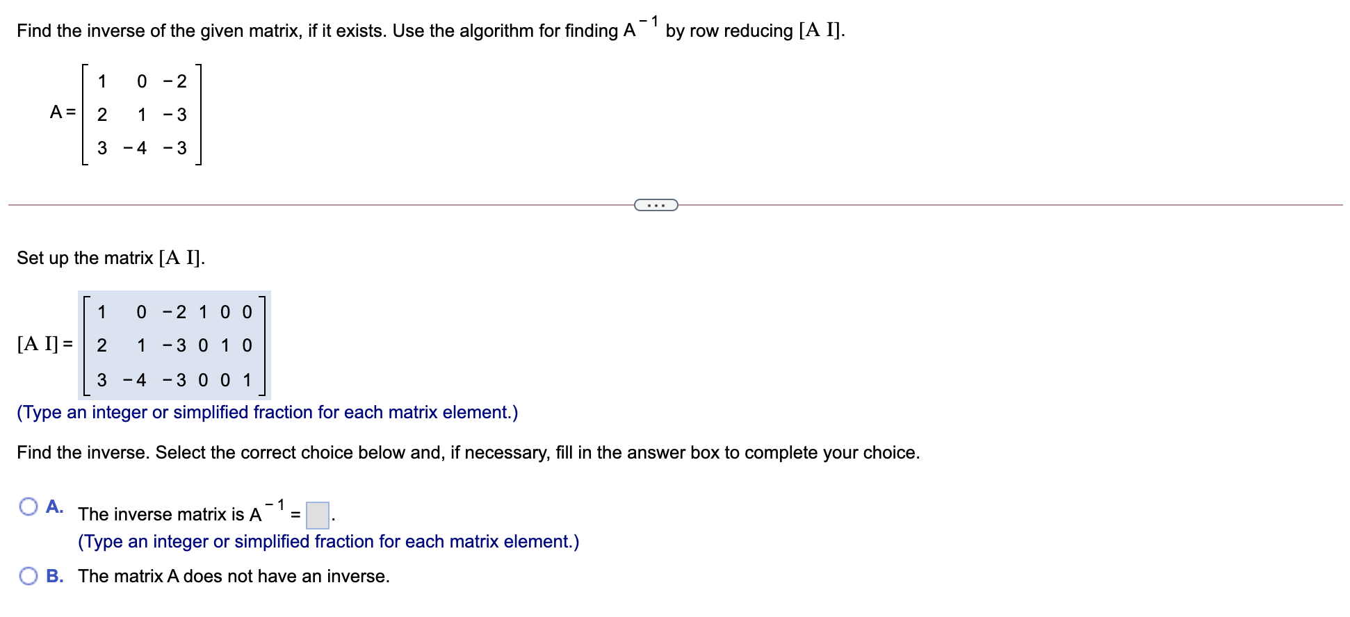 Solved -1 Find the inverse of the given matrix, if it | Chegg.com