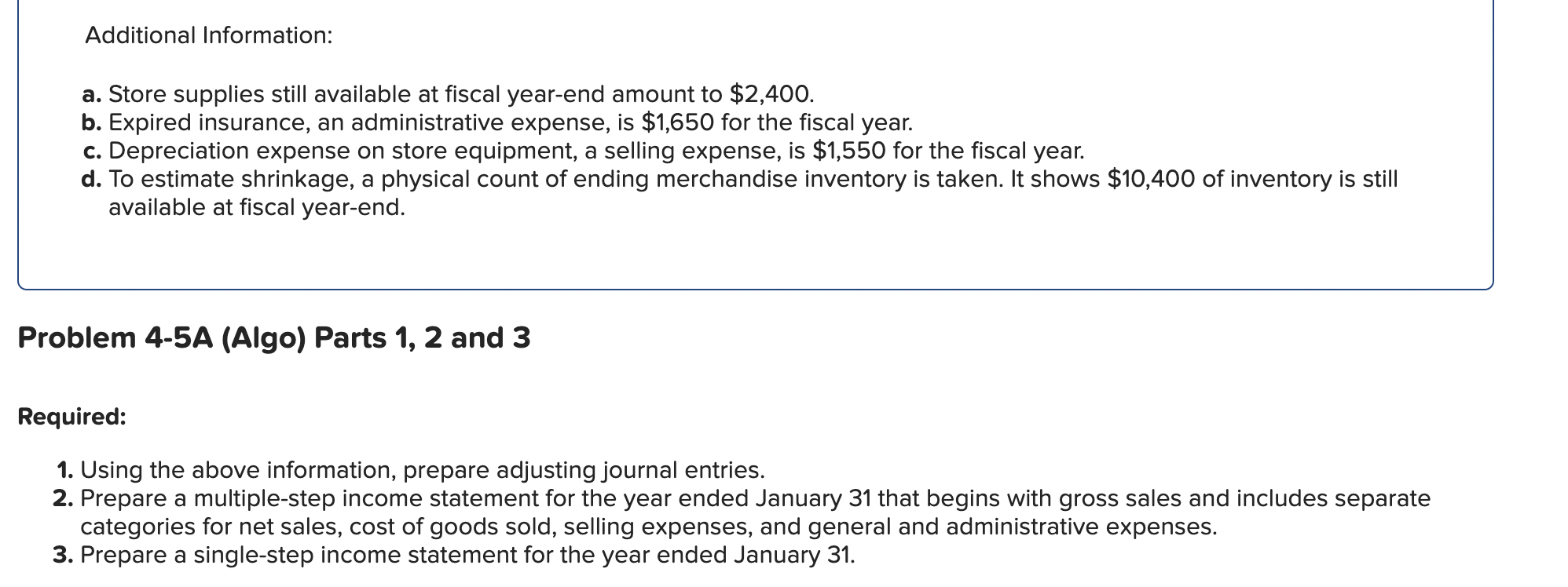 Solved Required information Problem 4-5A (Algo) Preparing | Chegg.com